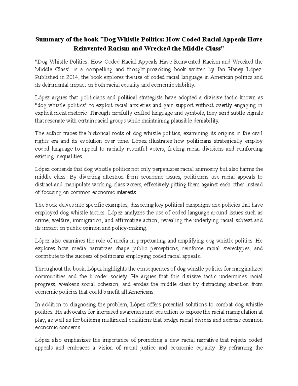 Summary of the book "Dog Whistle Politics: How Coded Racial Appeals ...