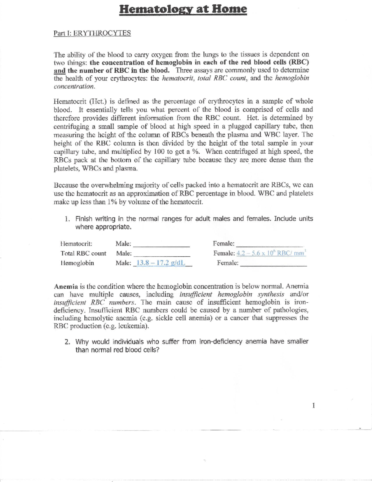 PHYS 202 Assignment 12 Blood Lab - Hematology at Home Part I ...