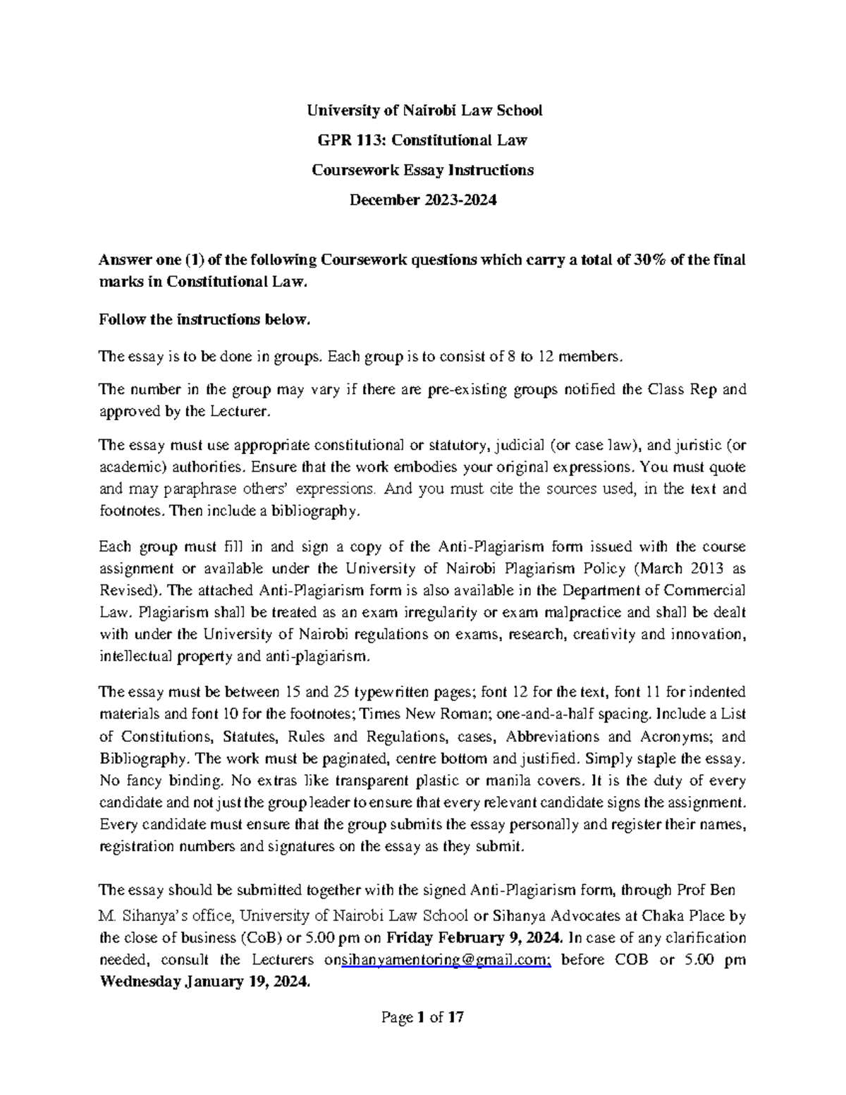 Con Law Coursework 2023 & 2024 - University of Nairobi Law School GPR ...