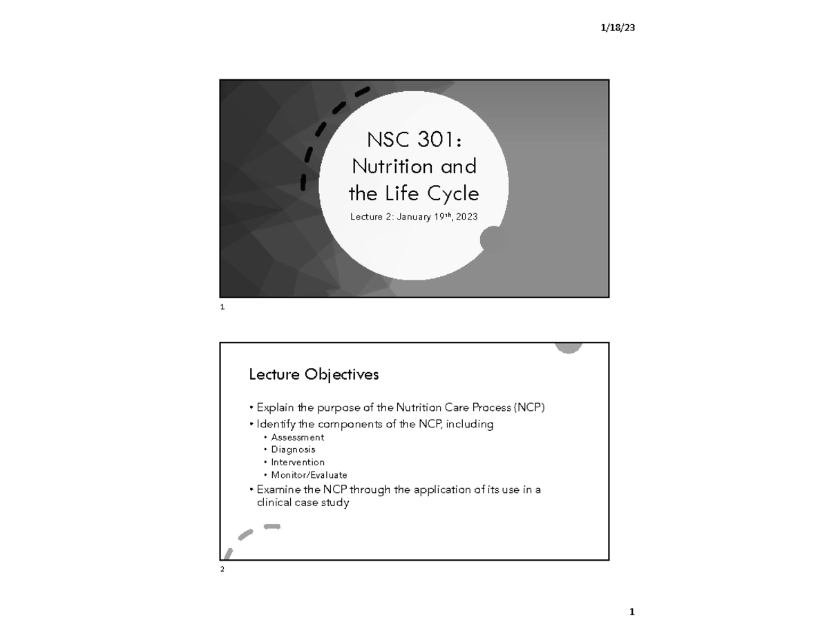 NSC 101 Lecture 2 - NSC 301: Nutrition and the Life Cycle Lecture 2 ...