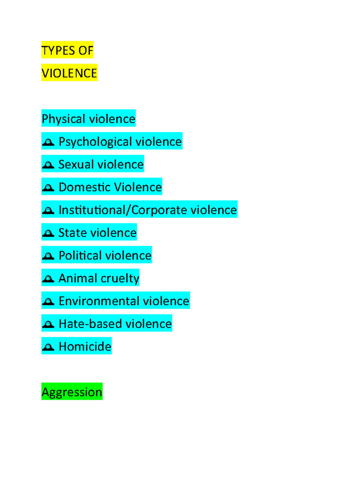 Violent behaviour - Lecture notes WEEK 8 - TYPES OF VIOLENCE Physical ...