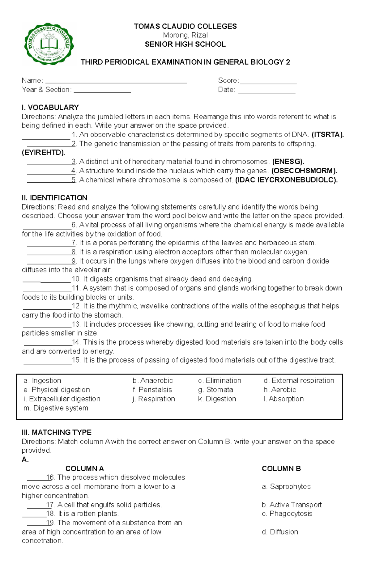 Digestive and Respiratory Exam - TOMAS CLAUDIO COLLEGES Morong, Rizal ...