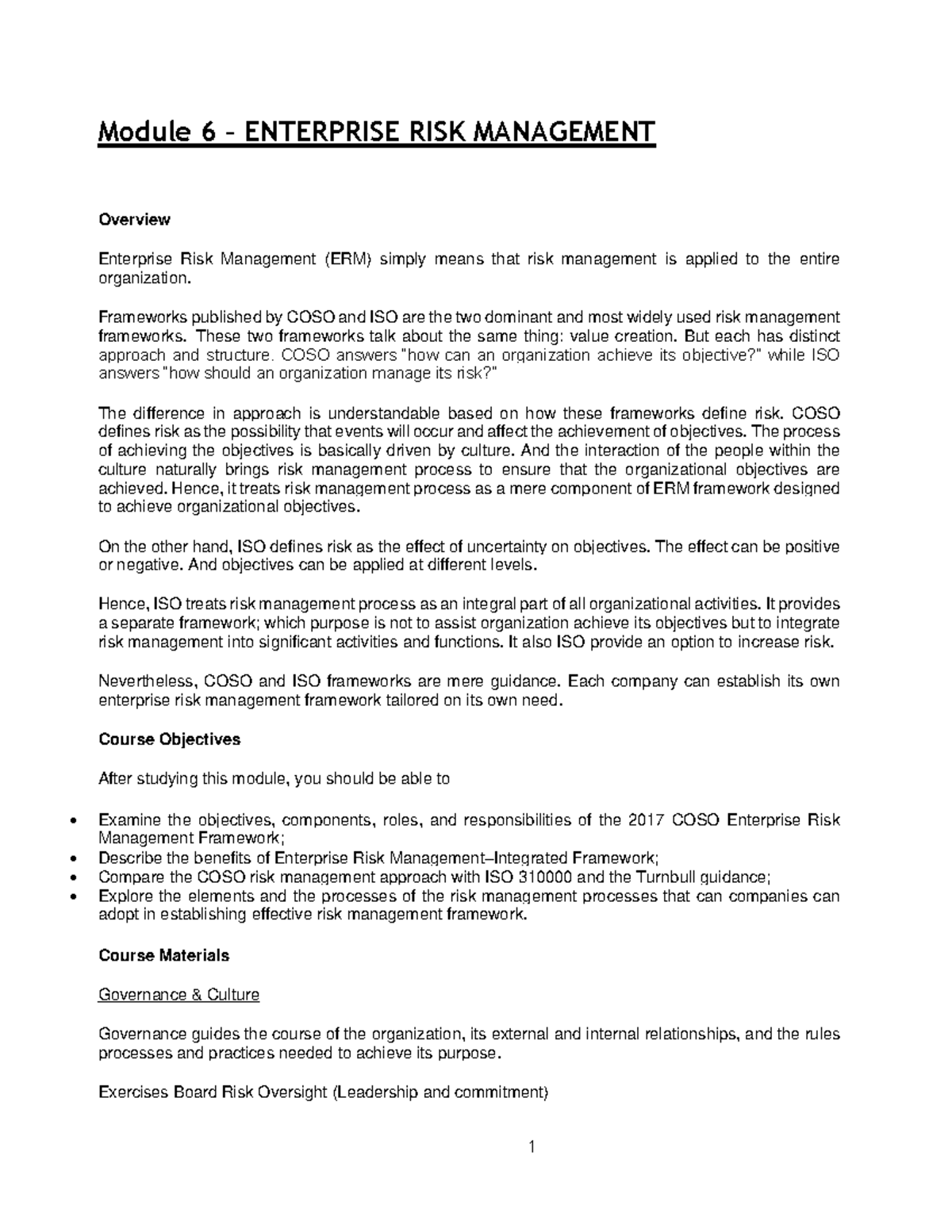 Module 6 Enterprise Risk Management - Module 6 – ENTERPRISE RISK ...