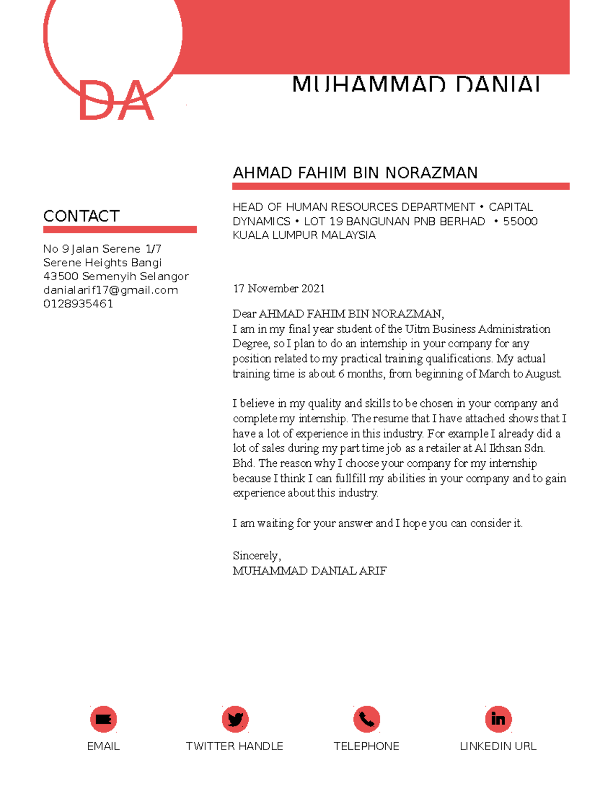 Danial Arif (Cover Letter) - DA CONTACT No 9 Jalan Serene 1/ Serene ...