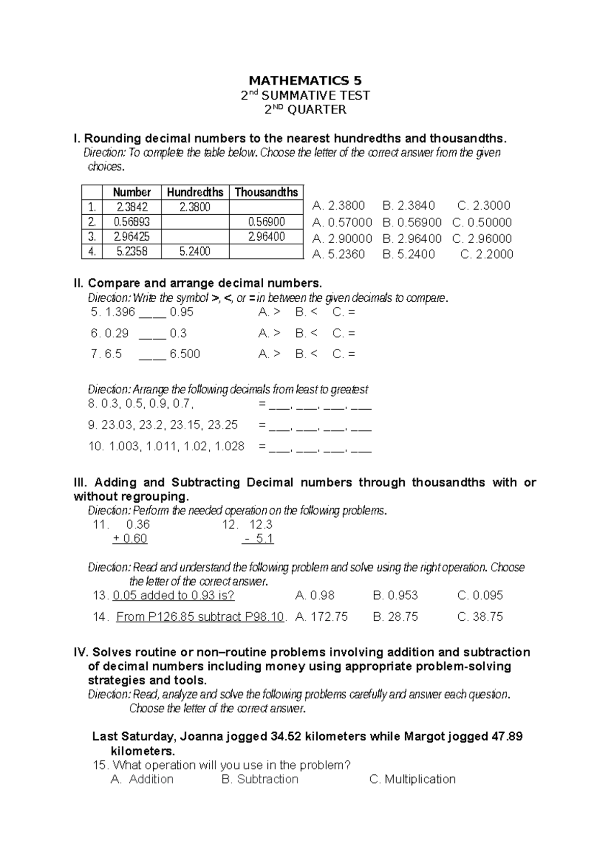 MATH 5 Q2 ST#3 - Summative Test in Math 5_Quarter 2 - MATHEMATICS 5 2 ...