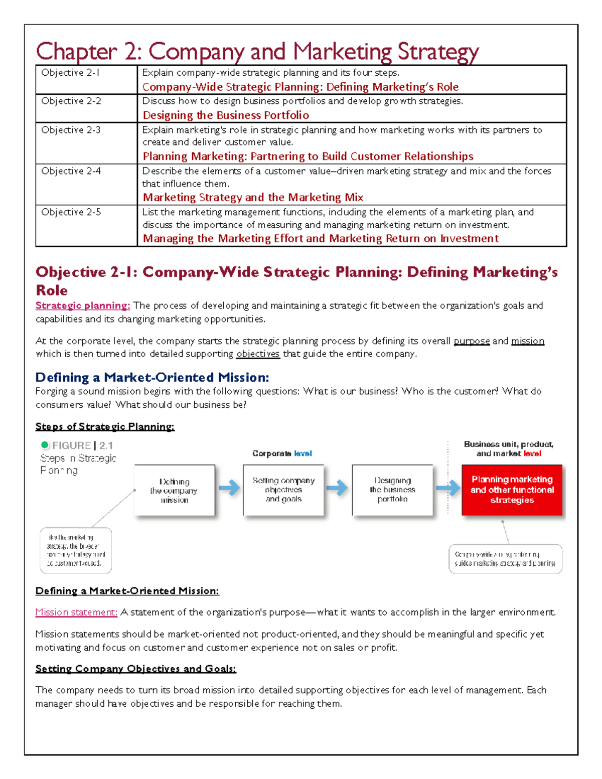 Marketing - Chapter 2 - Chapter 2: Company and Marketing Strategy Objective 2-1 Explain company ...