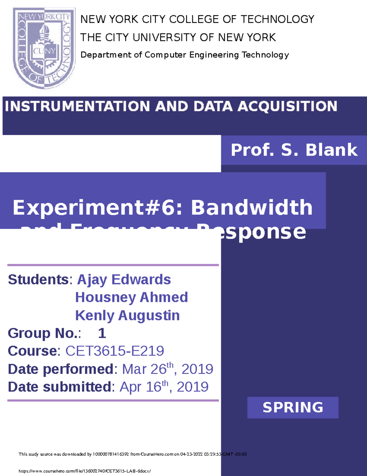 CET3615 LAB 6 - lab - Prof. S. Blank INSTRUMENTATION AND DATA ...