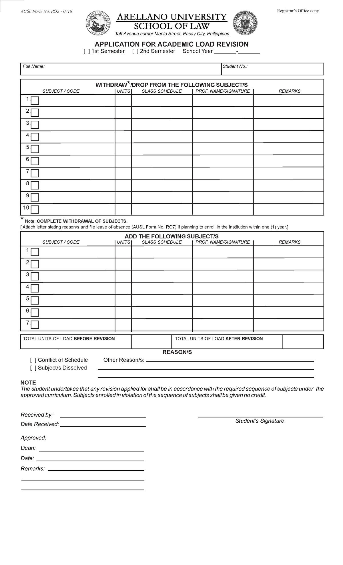 RO3 - Application for Academic Load Revision - Approved: Dean: Date ...