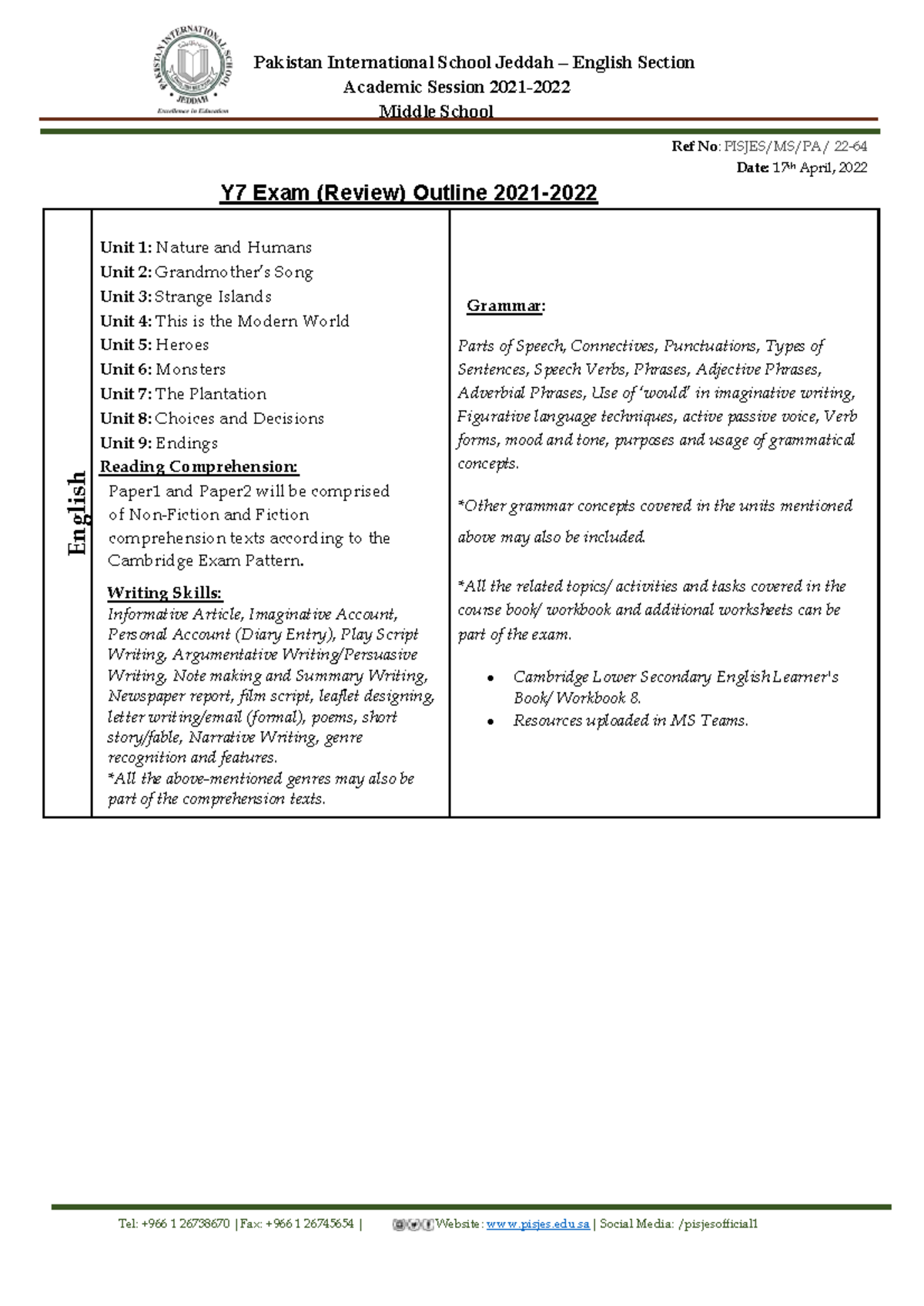 Y7 Final Exam (Review) Outline 2021-2022 - Academic Session 2021 ...