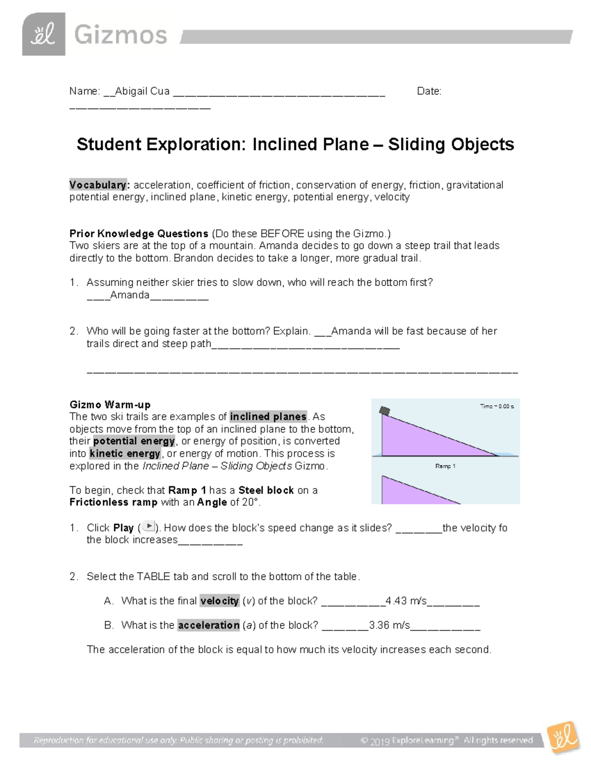 Inclined Plane Sliding SE - Name: __Abigail Cua ...