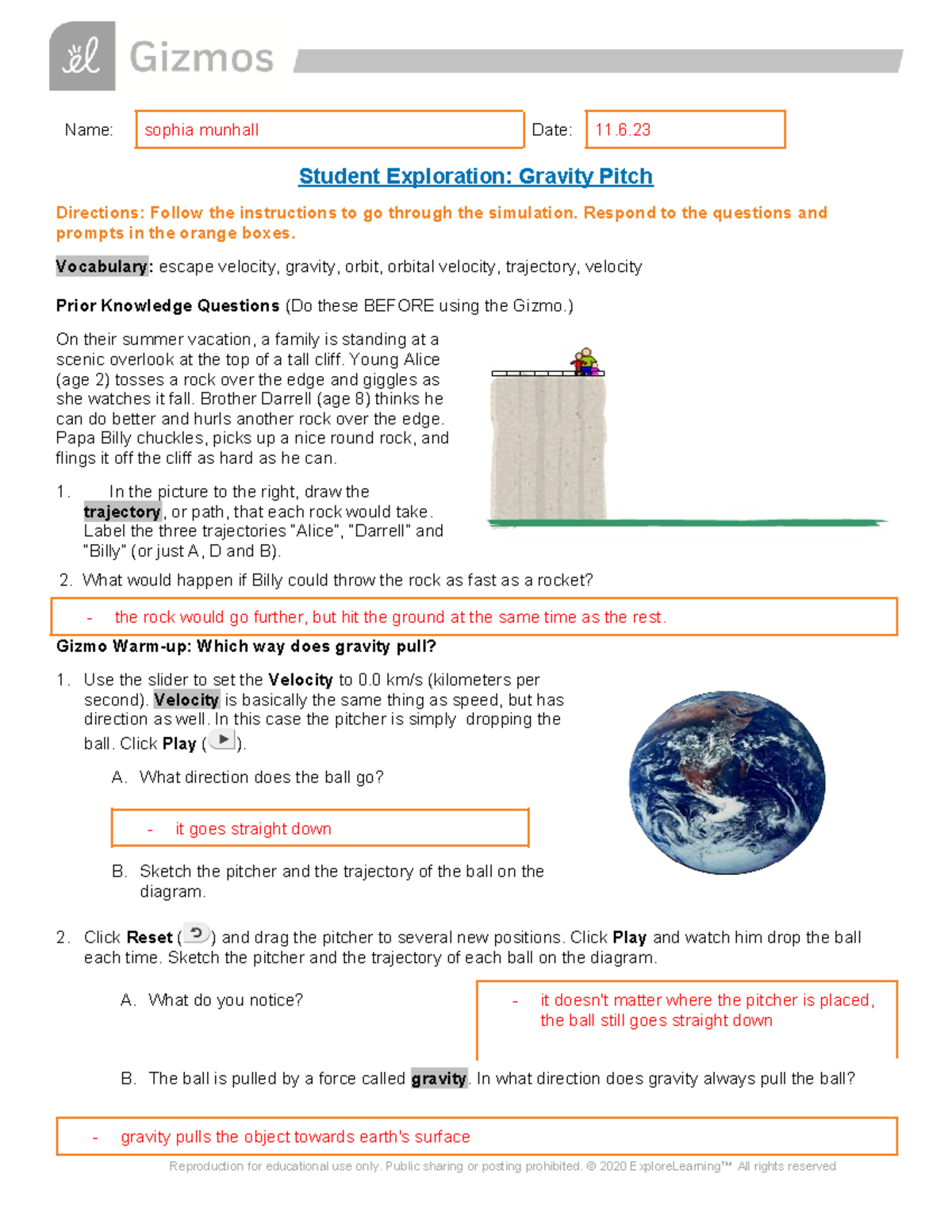 Copy of Gravity Pitch SE - Name: sophia munhall Date: 11. Student ...