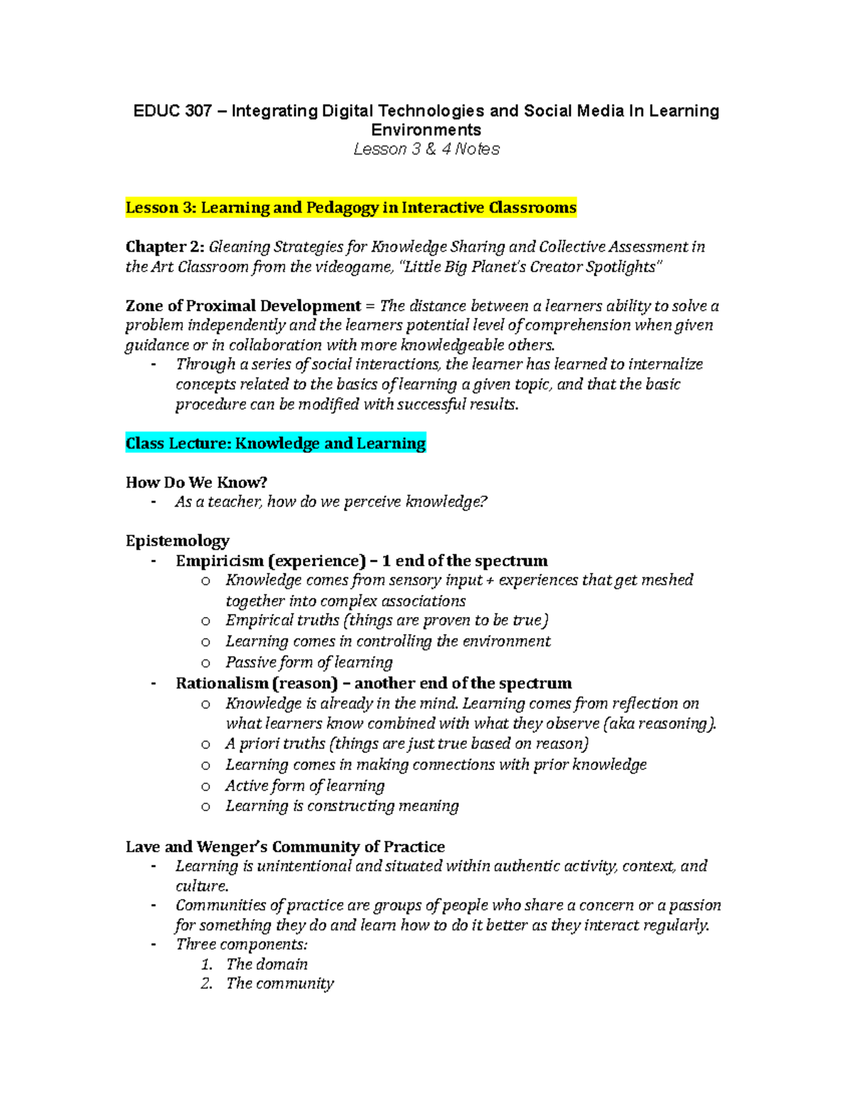 EDUC 307 L 3 & 4 Notes - EDUC 307 – Integrating Digital Technologies ...