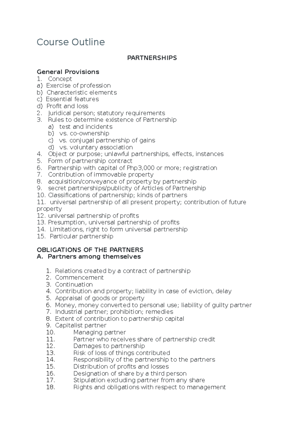 Buslaw Course Outline - Course Outline PARTNERSHIPS General Provisions ...