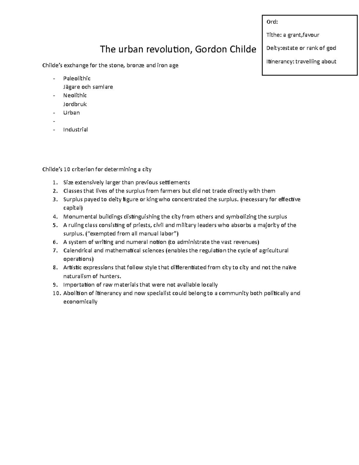 The urban revolution - Gordon Childe - Ord: Tithe: a grant,favour The ...