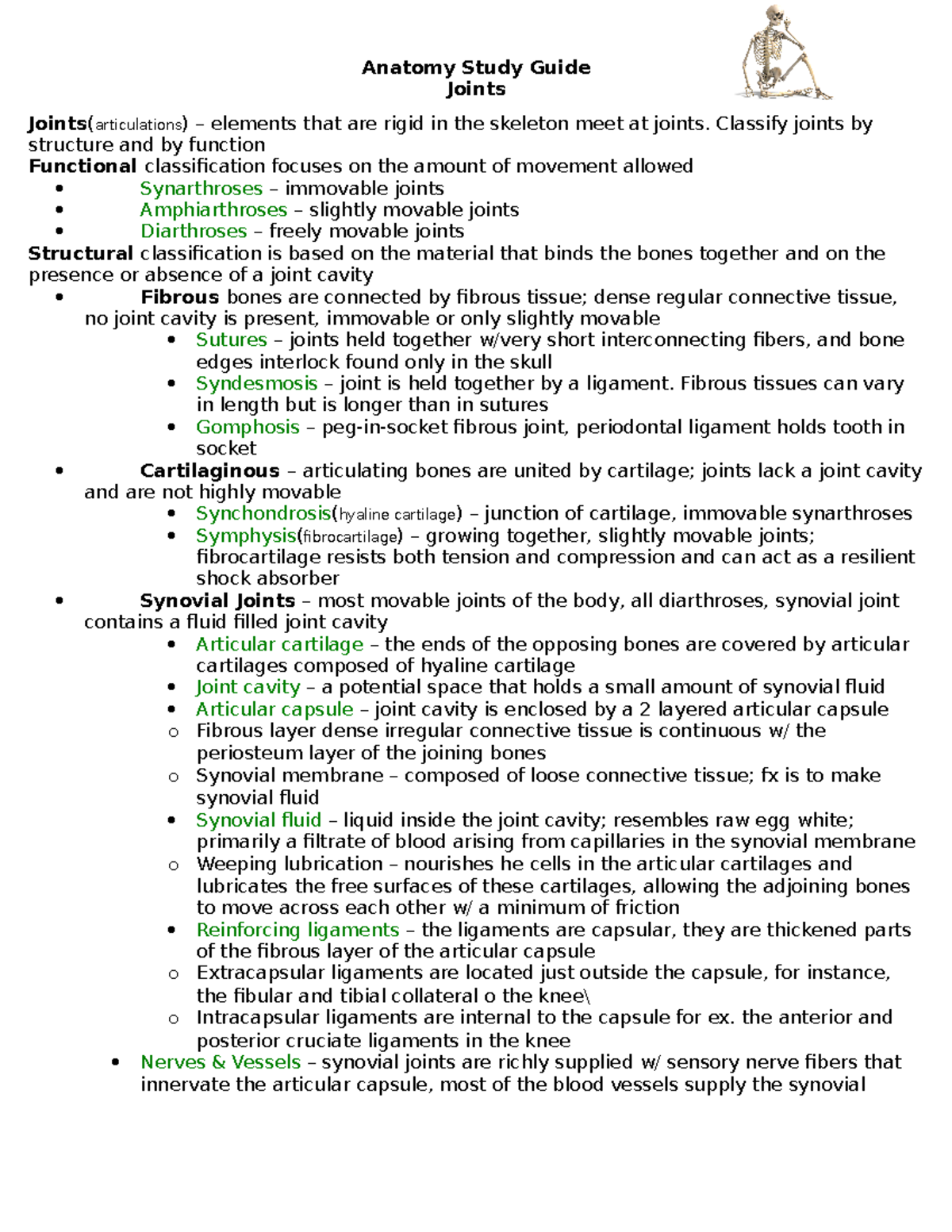 Joints sg - Anatomy Study Guide Joints Joints(articulations) – elements ...