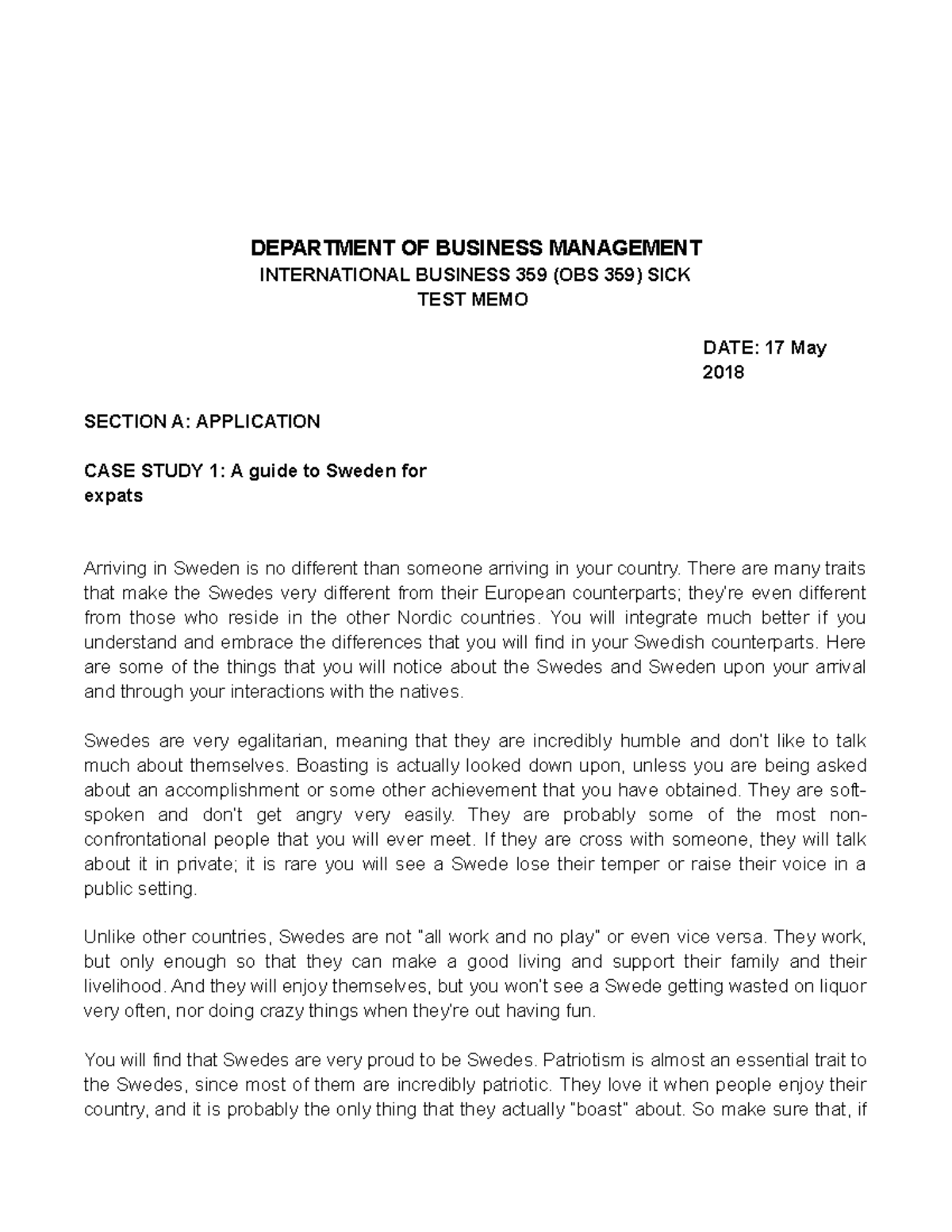 2018 Sick Test memo - OBS 359 EXAM - DEPARTMENT OF BUSINESS MANAGEMENT ...