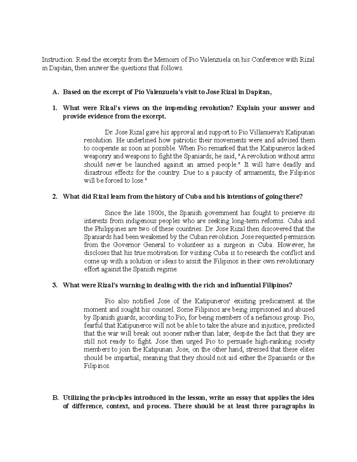 Pio Valenzuela’s visit to Jose Rizal in Dapitan - Instruction: Read the ...