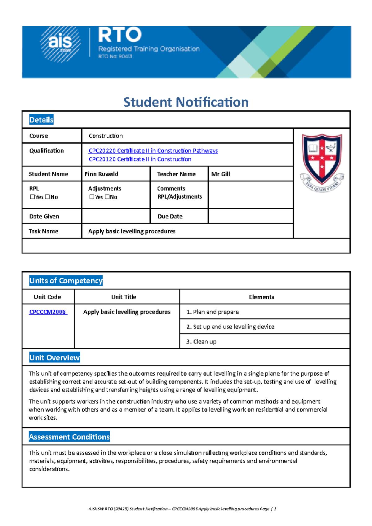 Cpcccm 2006 Student Notification - Apply basic levelling procedures ...