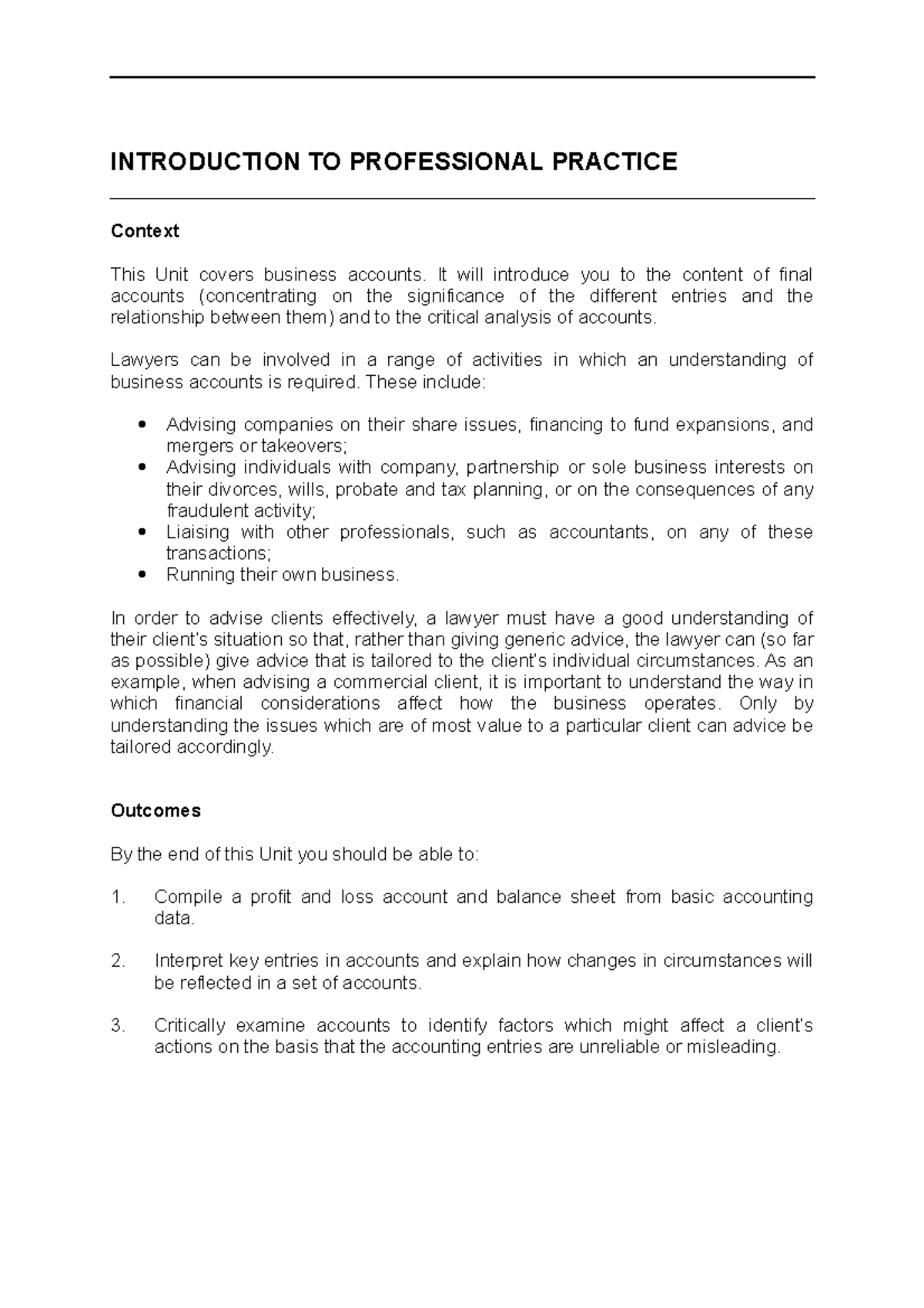 Business Accounts Workshop 1 - INTRODUCTION TO PROFESSIONAL PRACTICE ...