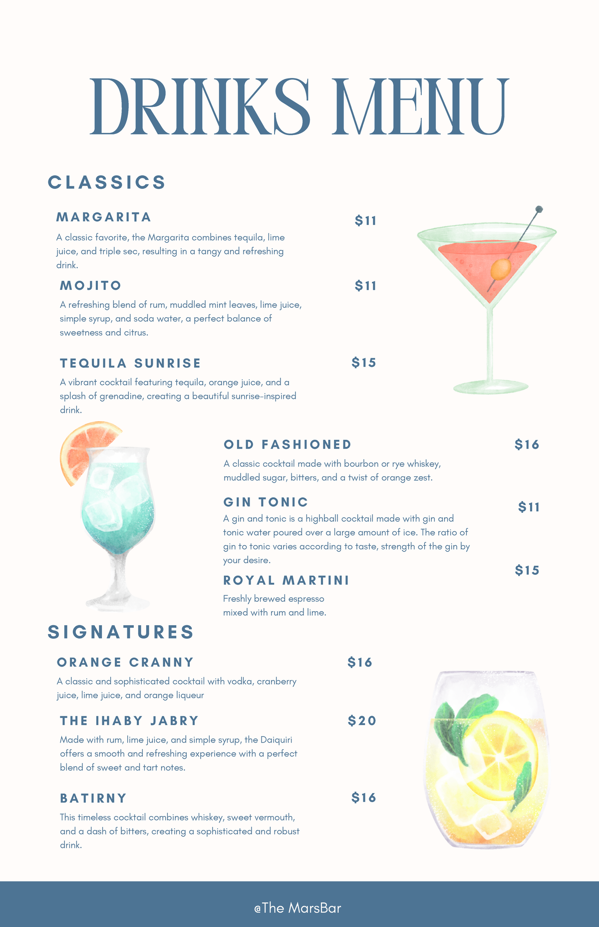 Blue and Beige Elegant Minimal Drinks Menu - Drinks Menu ####### O R A ...