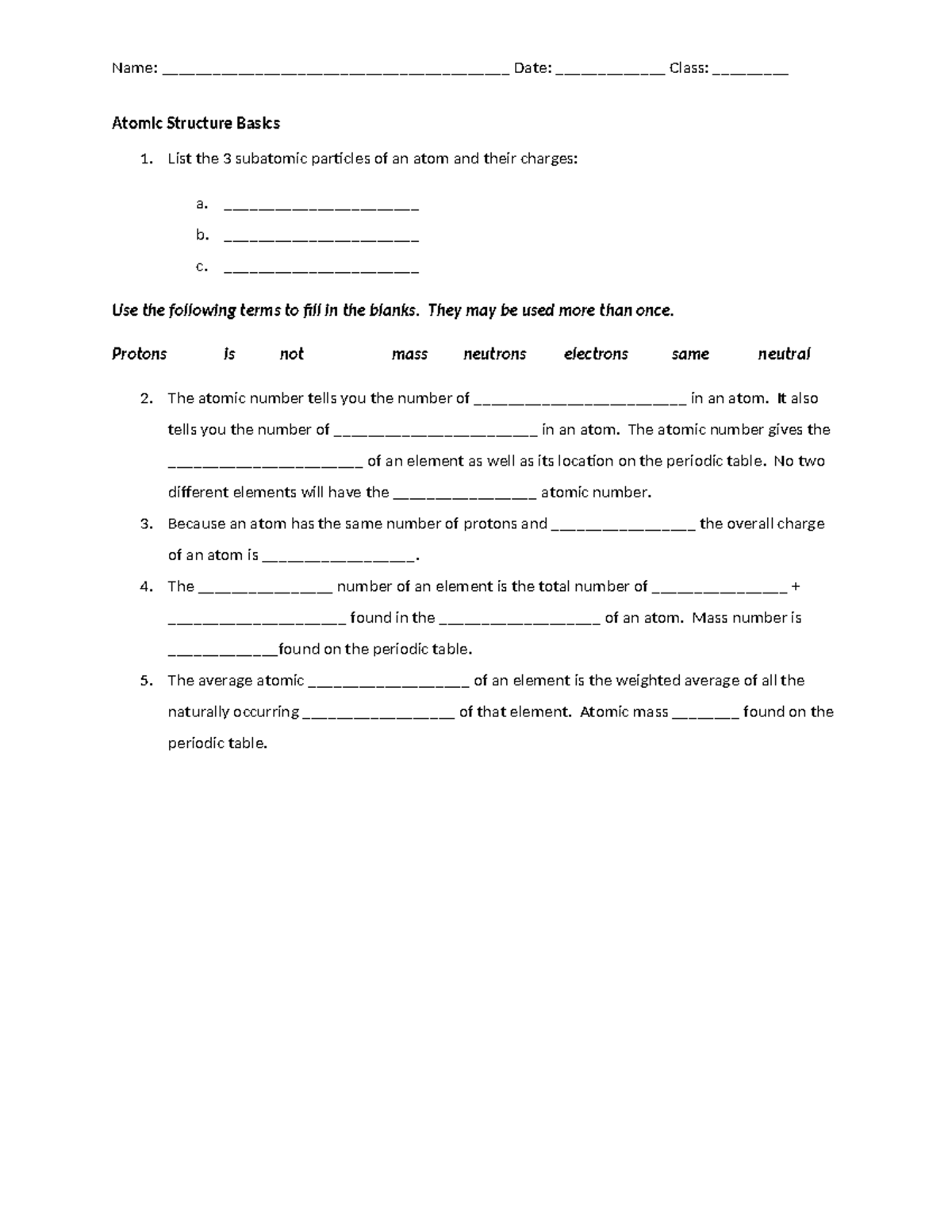 Atomic Structure Basics - Name ...