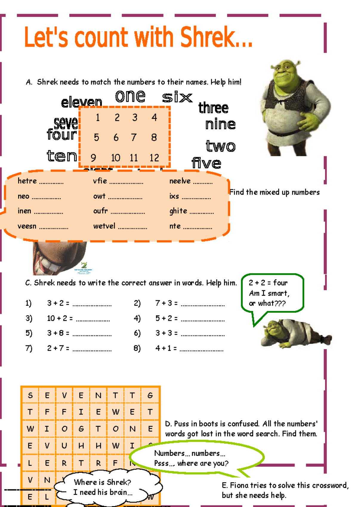 Ingles Nº9 - A. Shrek needs to match the numbers to their names. Help ...