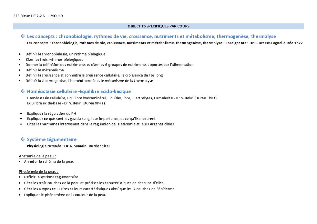 Objectifs Spécifiques PAR Cours - OBJECTIFS SPECIFIQUES PAR COURS Les ...