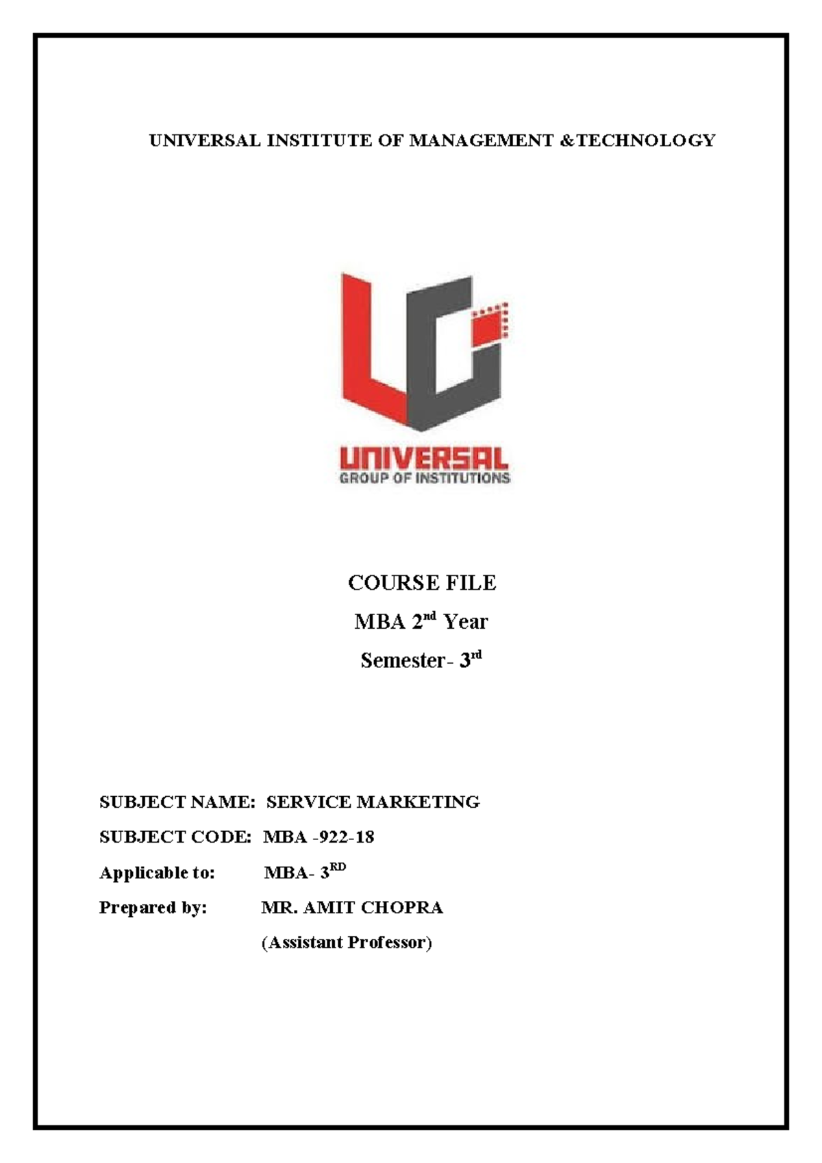 Service Marketing MBA-3 rd - UNIVERSAL INSTITUTE OF MANAGEMENT ...