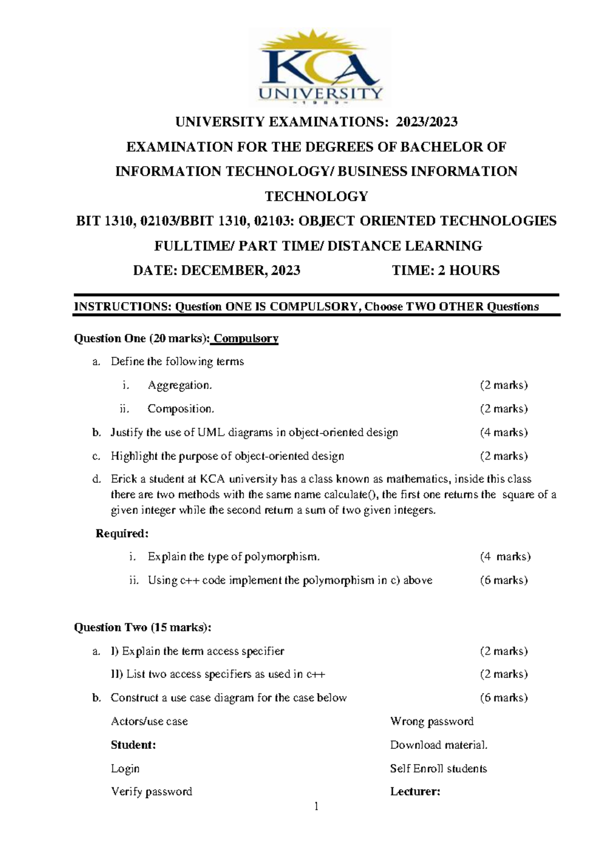 Object Oriented Technologies - 1 UNIVERSITY EXAMINATIONS: 202 3 /202 3 ...