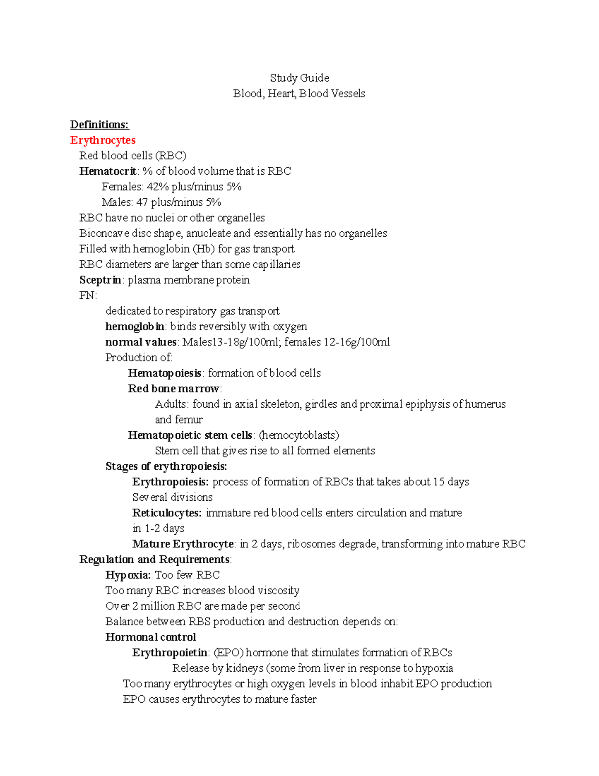 Anatomy exam 3 - Study Guide Blood, Heart, Blood Vessels Definitions ...