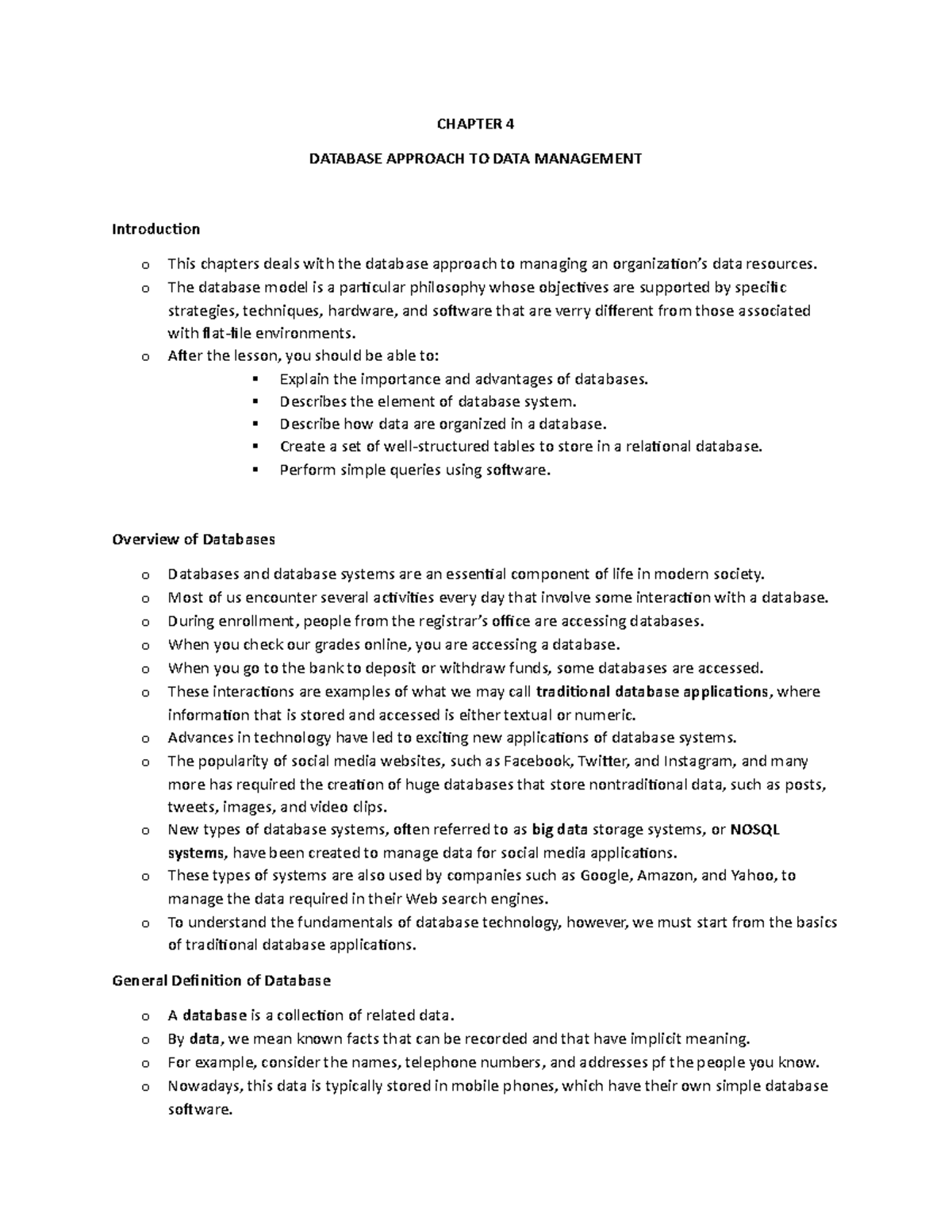 AIS-Chapter-4 - lecture in ais - CHAPTER 4 DATABASE APPROACH TO DATA ...