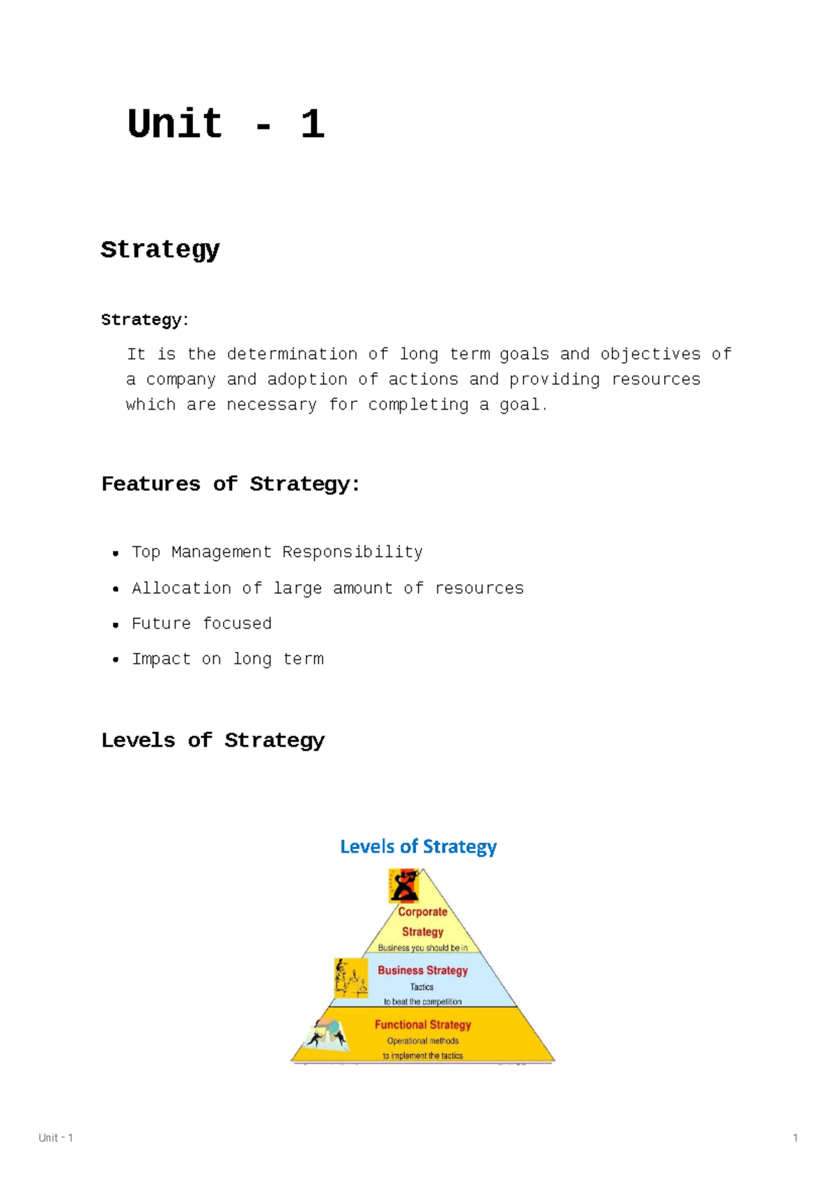 Unit - 1 - Summary Strategy Management - Unit - 1 Strategy Strategy: It ...