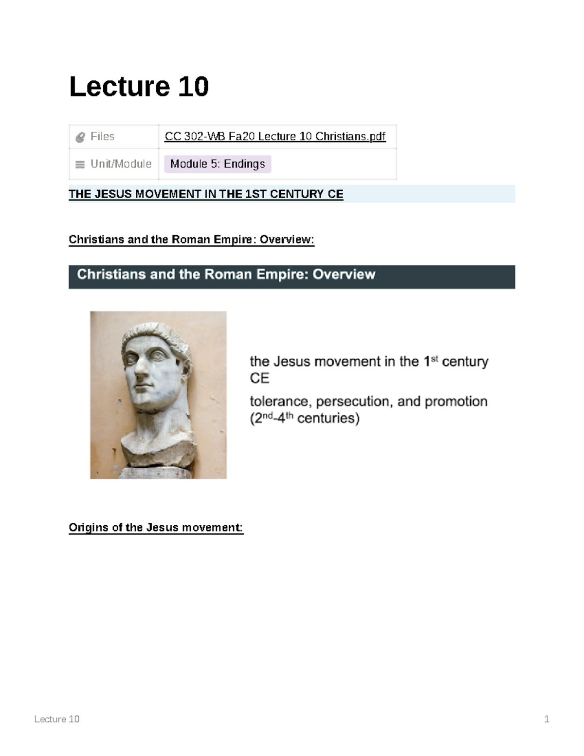 Lecture 10: Christians and the Roman Empire - Lecture 10 Files CC 302 ...