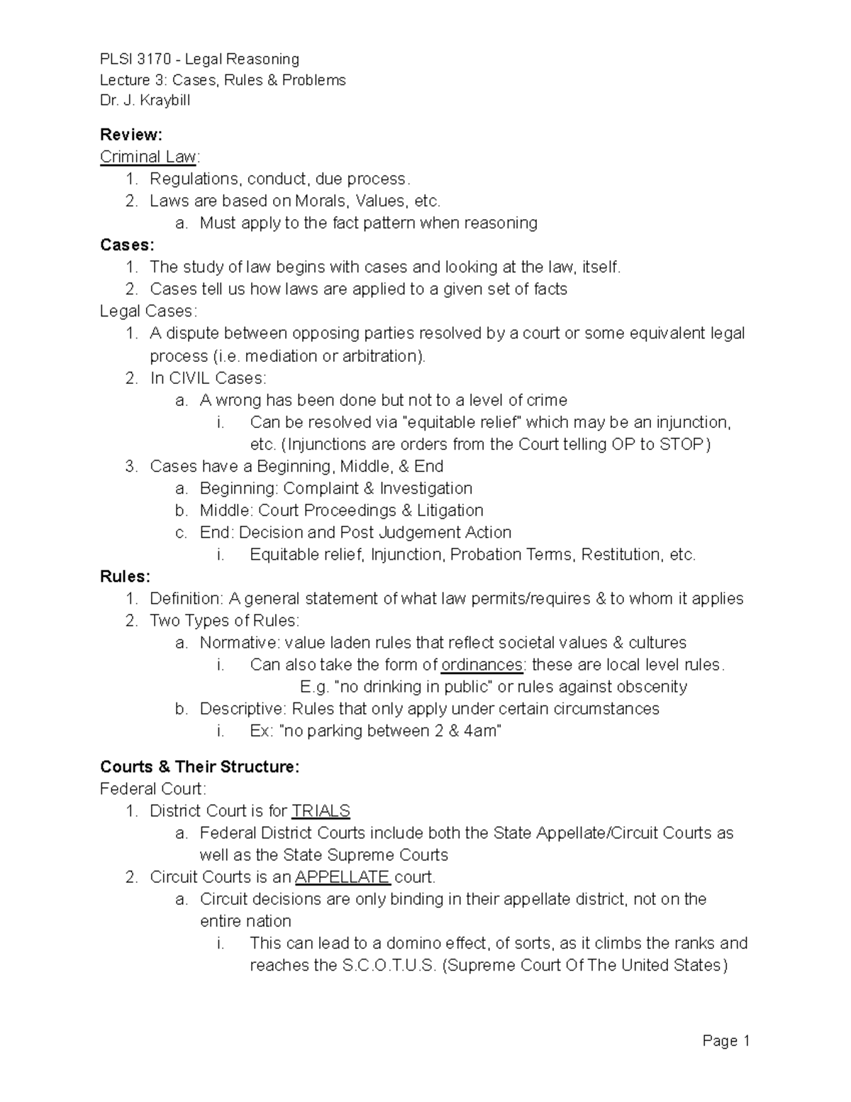 PLSI 3170 - Lecture 3 - Dr. Kraybill - PLSI 3170 - Legal Reasoning ...