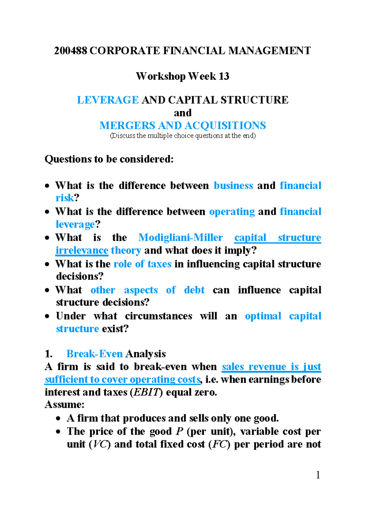Workshop 13 leverage and Merger - 200488 CORPORATE FINANCIAL MANAGEMENT ...