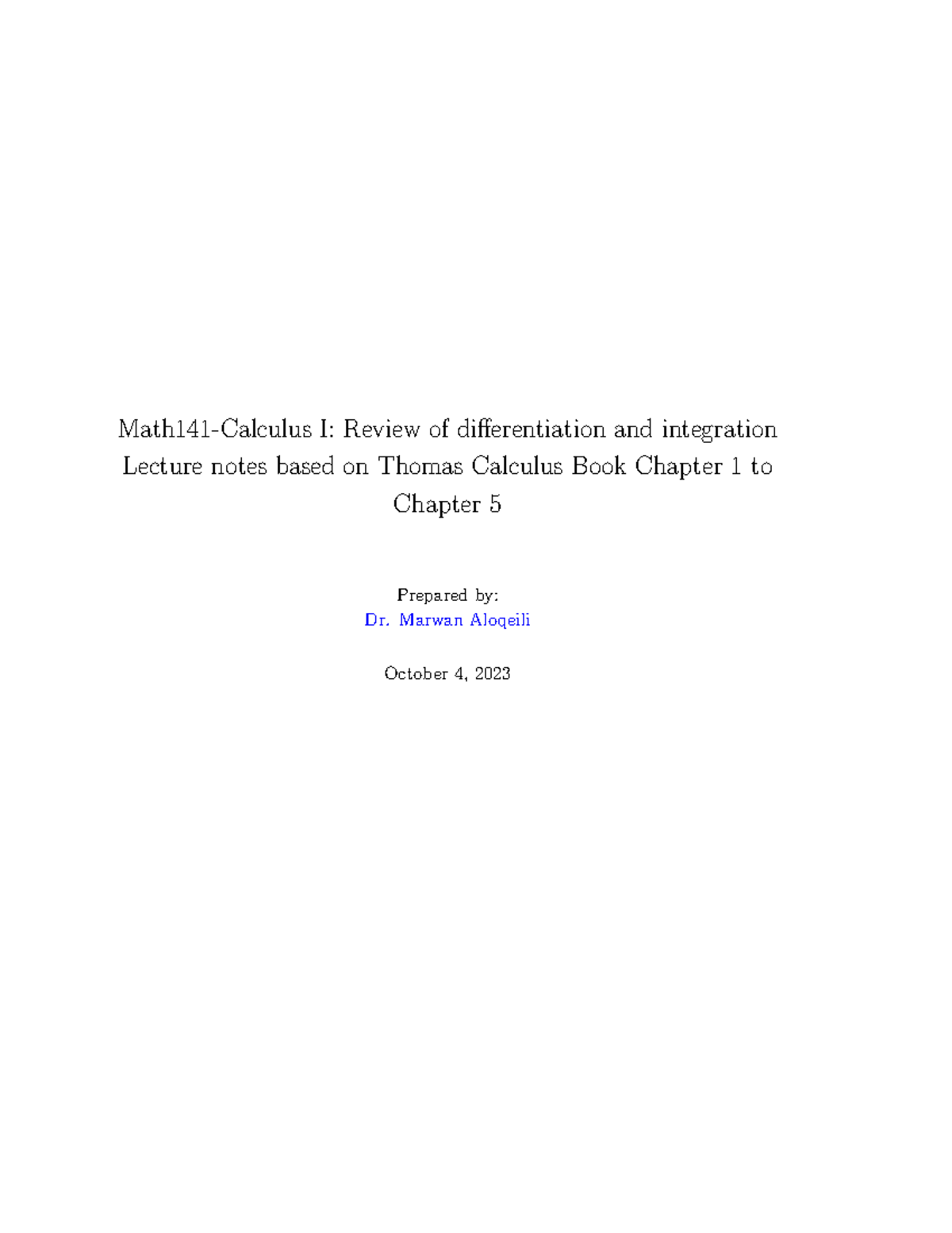 Review Math 141 - FOR PRACTICE - Math141-Calculus I: Review of differentiation and integration ...