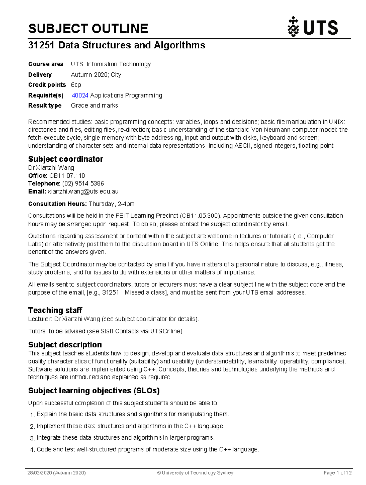 Data Structure And Algorithms Outline Subject Outline 31251 Data Structures And Algorithms