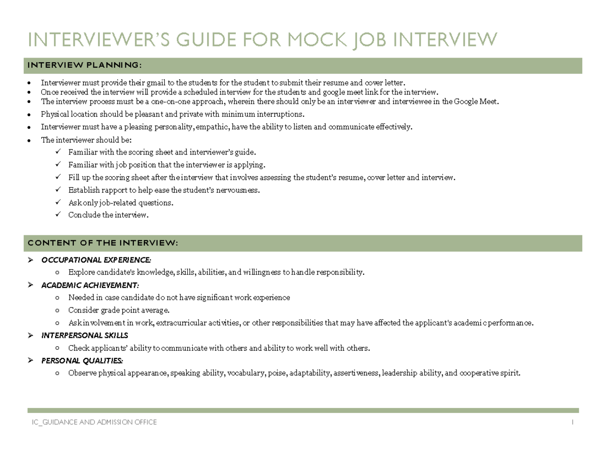Mock Job Interview (Guide) - IC_GUIDANCE AND ADMISSION OFFICE 1 ...