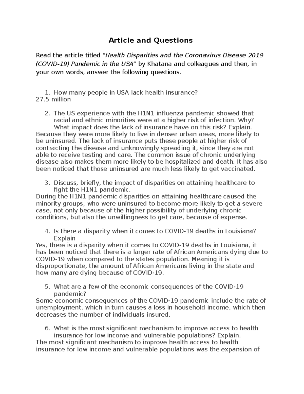 Health Disparities and Covid - Article Questions - Article and ...