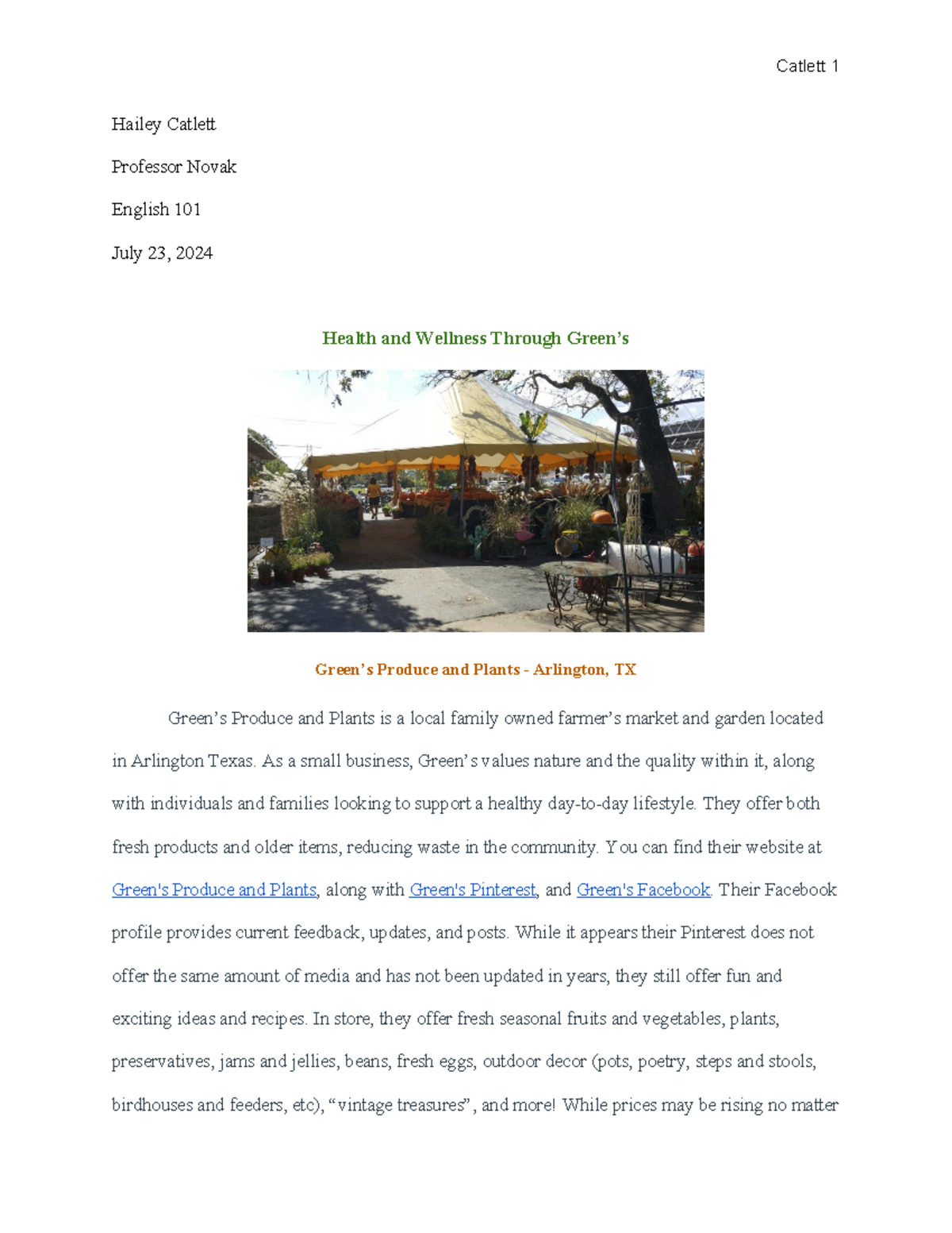 Health and Wellness Through Green’s-1 - Hailey Catlett Professor Novak ...