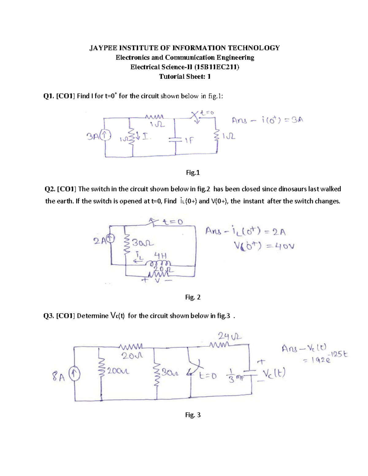 Tutorial sheet-1 - JAYPEE INSTITUTE OF INFORMATION TECHNOLOGY Electronics and Communication ...