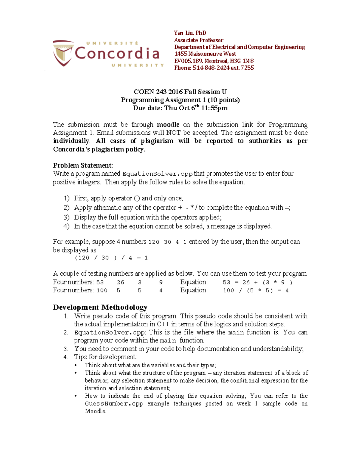 Lecture notes, lecture week 3 - Assignment 1, professor yan liu - Yan ...