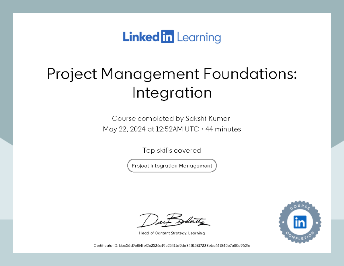 Certificate Of Completion Project Management Foundations Integration ...