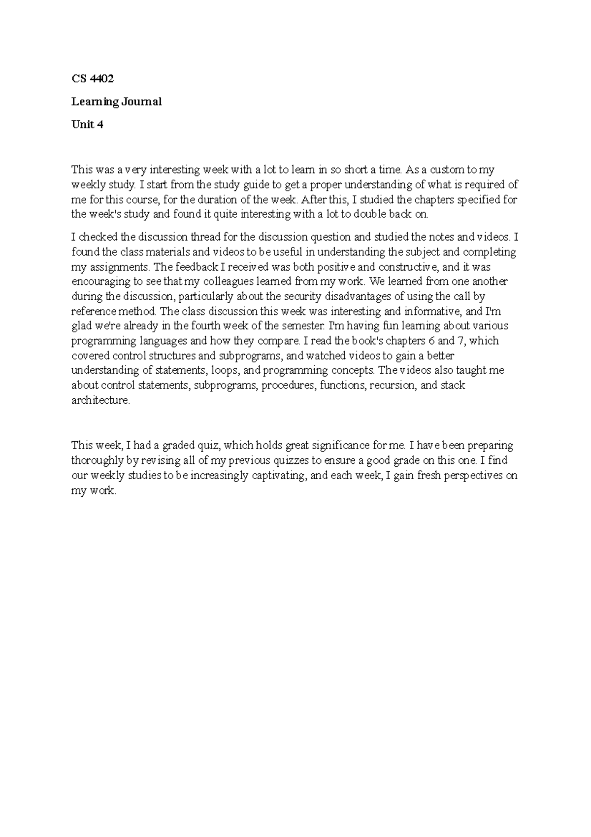 CS 4402 Learning Journal Unit 4 - CS 4402 Learning Journal Unit 4 This ... CS 4402 Learning Journal Unit 4 - CS 4402 Learning Journal Unit 4 This ...