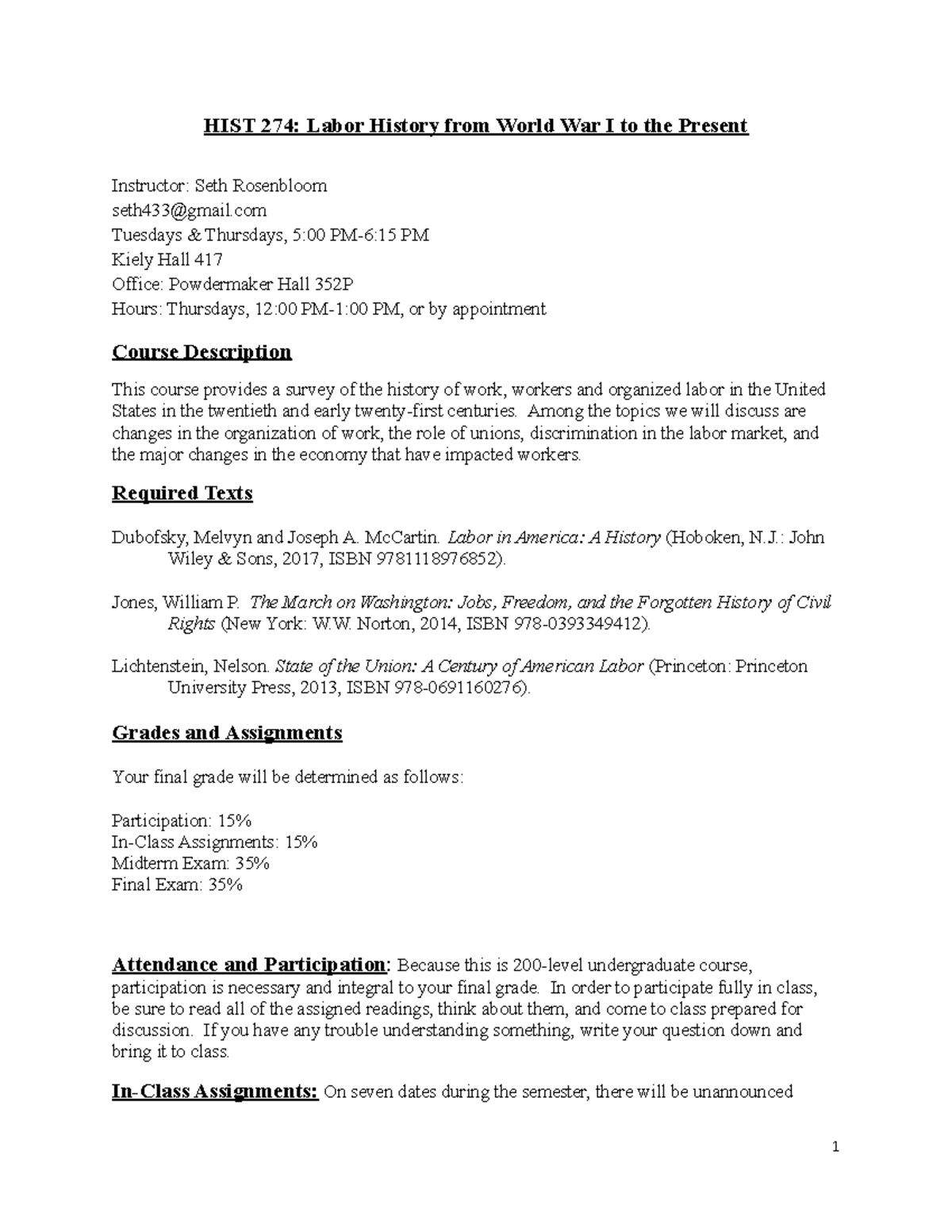 History 274 Syllabus - Prof. Rosenbloom - HIST 274: Labor History from ...