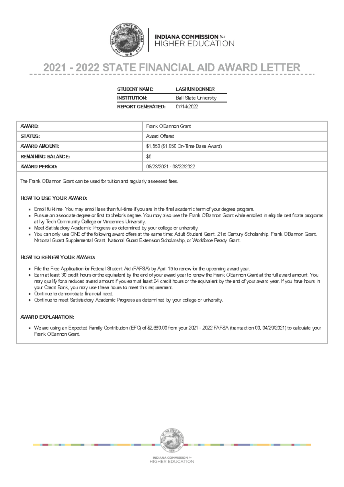 Award-letter - notes - STUDENT NAME: LASHUN BONNER INSTITUTION: Ball ...