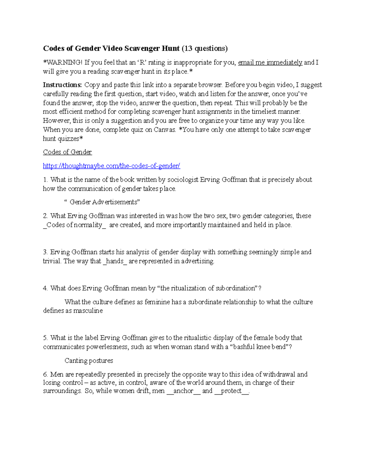 Codes of Gender Video Scavenger Hunt-1 - * Instructions: Copy and paste ...