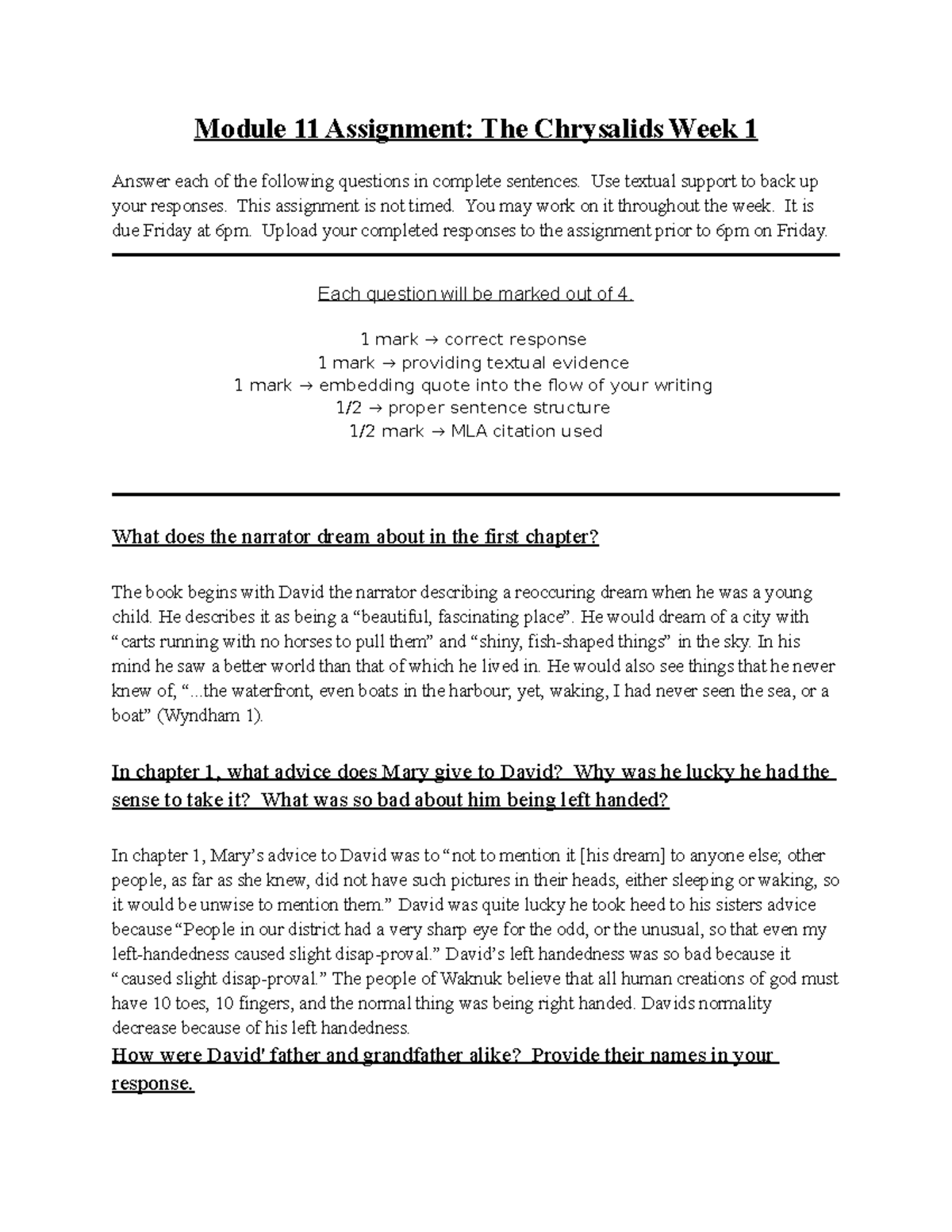 ENG1D Module 11 The Chrysalids Week1 - Module 11 Assignment: The ...