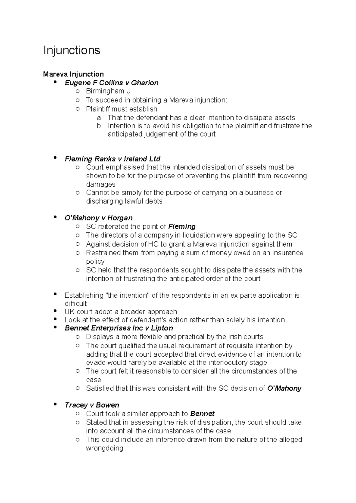 Injunctions - Injunctions Mareva Injunction Eugene F Collins v Gharion o Birmingham J o To ...