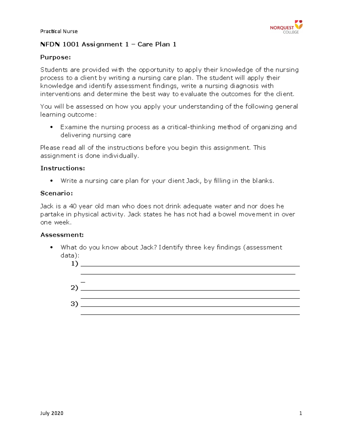 NFDN 1001 Assignment #1 Instructions - Practical Nurse NFDN 1001 Assignment 1 – Care Plan 1 ...